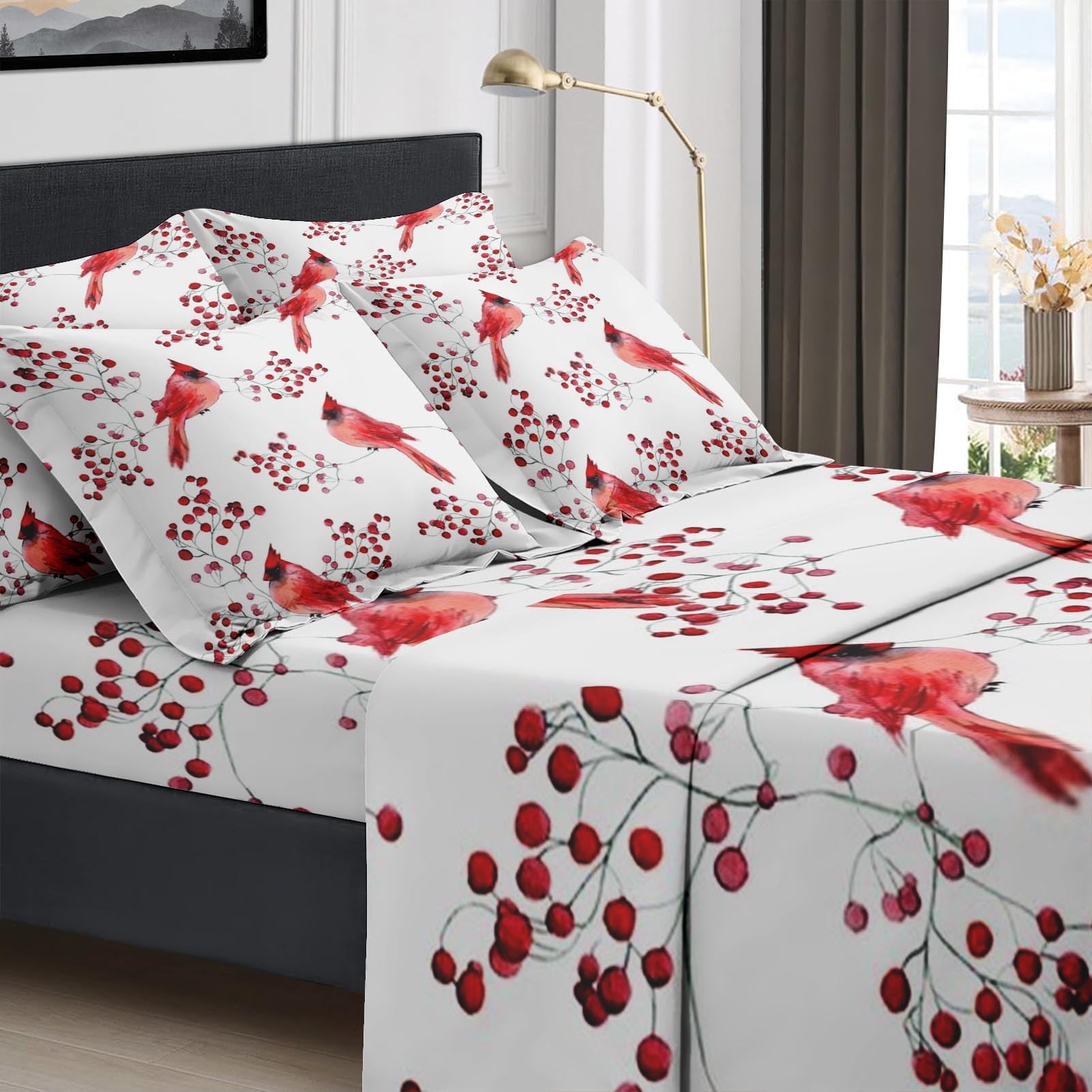 Pinbeam 7 Pcs Comforter Set Queen Size, Cute Winter Cardinal Bed in a Bag with Flat Sheet and Fitted Sheet for Kids and Adults, Birds Christmas Red Bedding Set with Pillowcases & Shams