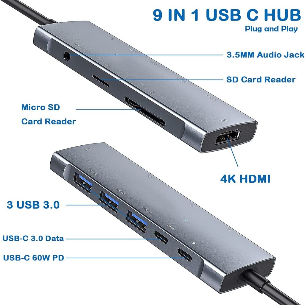 PBKINKM USB C HUB with 4K PD Charging, SD/Micro Card Reader, USB 3.0, 3.5mm Headphone Jack Type C