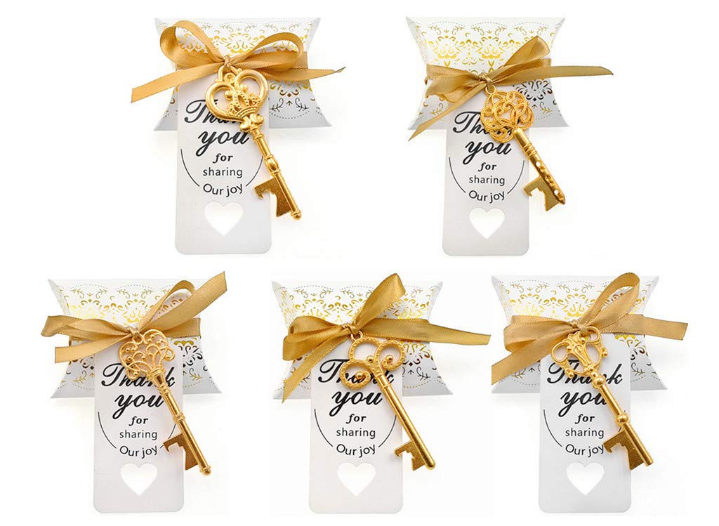 Kinteshun Wedding Party Favor Set,Skeleton Key Bottle Openers Candy Boxes Escort Tags and Ribbon Souvenir Gift Set(Gold Tone,50 sets with 5 Styles)