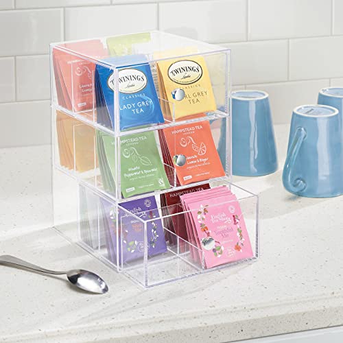 mDesign Plastic Wide Kitchen Pantry, Cabinet, Countertop Organizer Storage Station with 3 Drawers for Coffee, Tea, Sugar Packets, Sweeteners, Creamers, Drink Pods, Packets; 18 Sections, 2 Pack - Clear