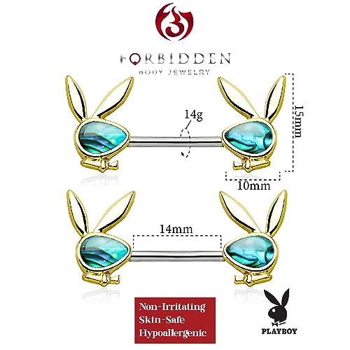 Forbidden Body Jewelry Surgical Steel Abalone Shell Bunny Emblem Nipple Barbells (Gold Tone)