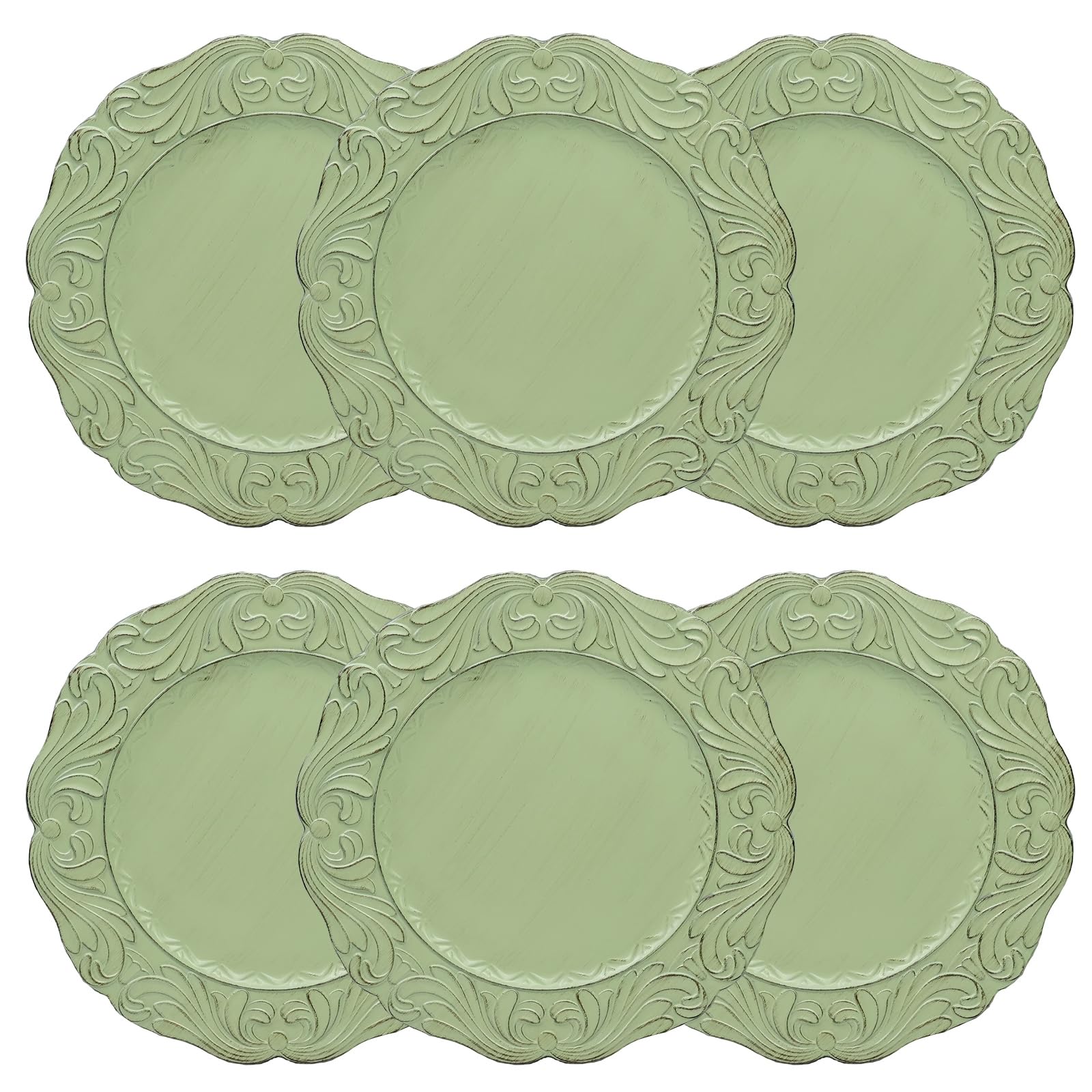 Leemxiiny Antique Green Charger Plates with Embossed Edge, Plastic Flora Decorative Chargers for Dinner Plates Set of 6 Bulk Wedding for Table Setting, Party, Holiday