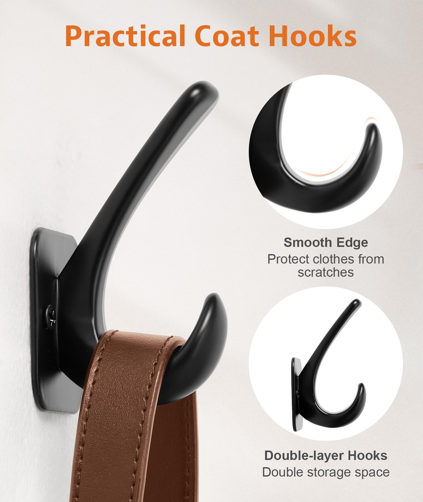 Optish 6 Pack Black Coat Hooks Wall Mount, Heavy Duty Wall Hooks for Hanging, Backpack Hooks for Wall, Metal Towel Hooks for Hanging Hat, Purse, Robe