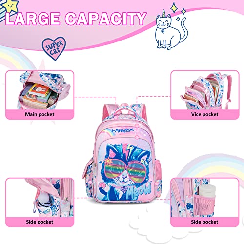 Robhomily Girls Backpack with Lunch Box for Elementary School Preschool Kindergarten,16 Inch Cute Cat Kids Backpack with Lunch Bags Sets for Girls,Pink School Backpack