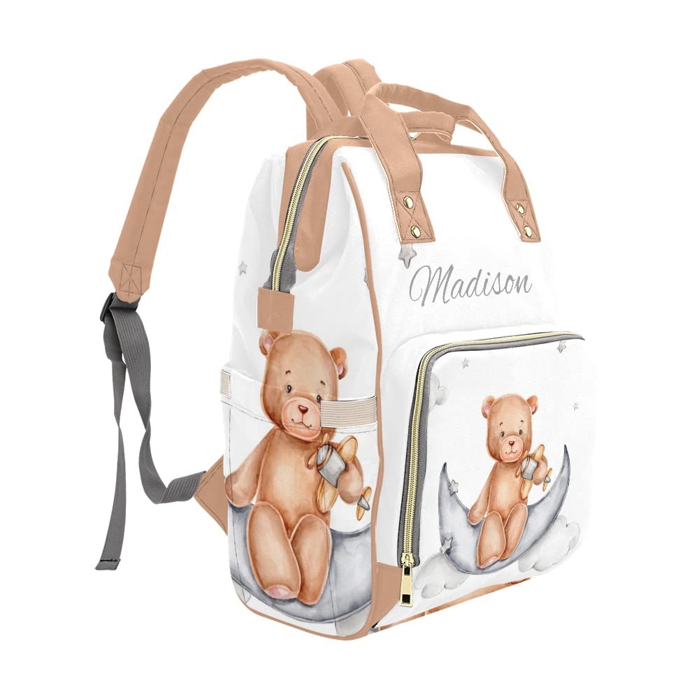 NZOOHY Teddy Bear Sits on Moon Personalized Name Diaper Bag Tote, Custom Waterproof Nursing Baby Bag Mummy Backpack for Mom Travel Outdoor 15'' X 10.83'' X 6.69''