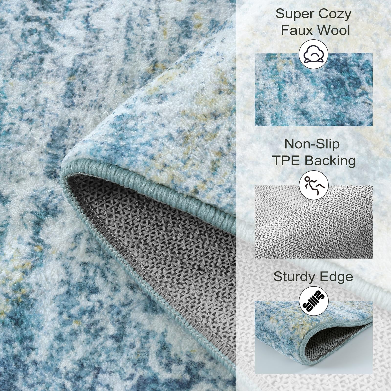 Uphome Abstract Area Rug 2x3, Blue Washable Non-Slip Bathroom Rugs, Small Soft Farmhouse Distressed Entryway Rug, Vintage Low Pile Indoor Throw Rug for Kitchen Bedroom Entrance