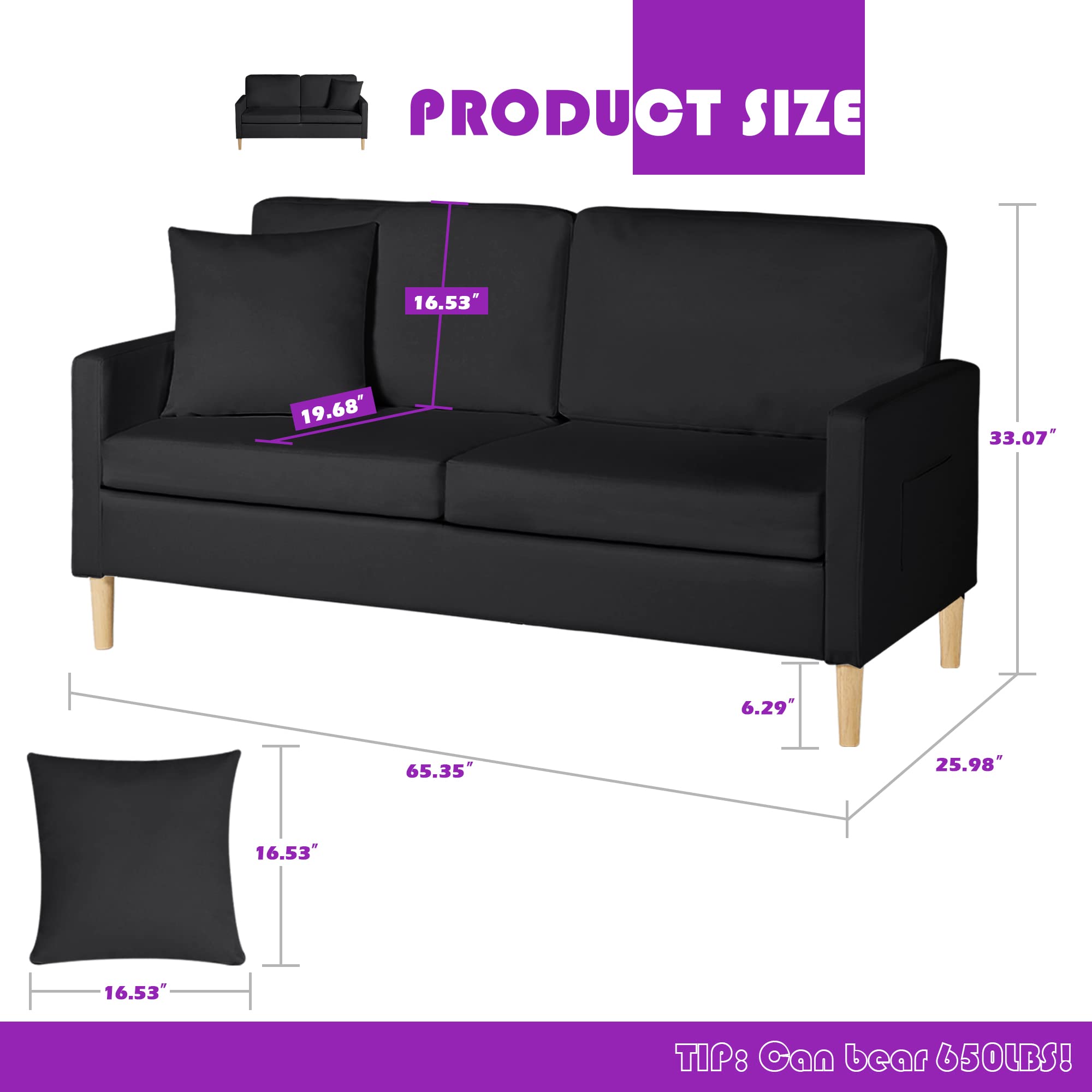 TYBOATLE Modern PU Leather Living Room Furniture 2 Pieces Sectional Sofa Couches Sets, Loveseat w/ 2 USB Charging Ports and Comfy Accent Arm Chairs for Small Space, Apartment, Office, Studio (Black)