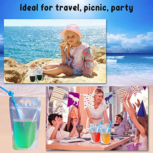 Leesgel Drink Pouches Container for Adults with Straws of Individually Wrapped & Funnel, Upgraded Anti-Leaked Stand-up Reusable Smoothie Bags for Cold & Hot Drinks, Juice, Smoothie