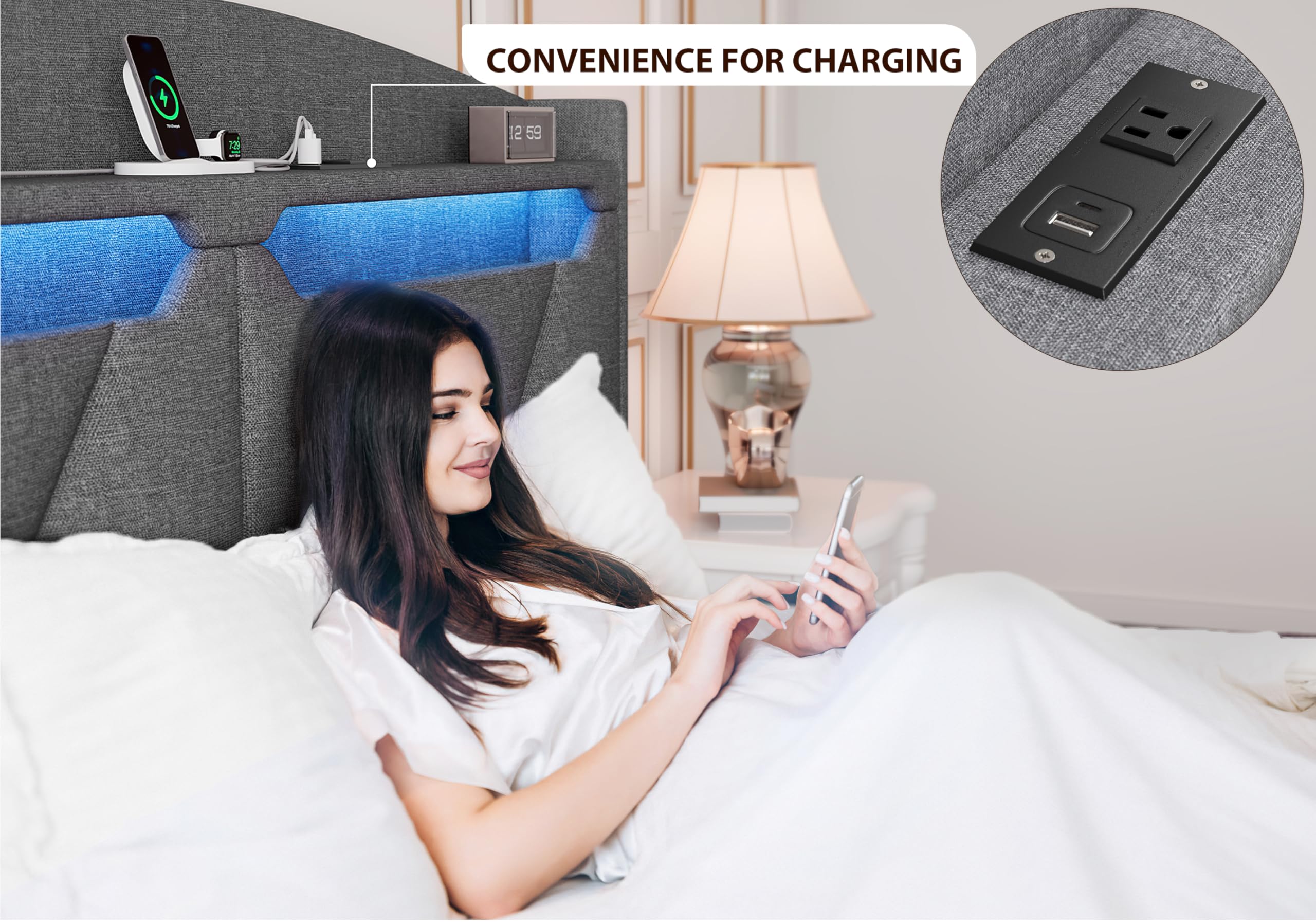 PDCOAK Full Bed Frame with Storage Headboard, Upholstered LED Bed Frame with 2 Storage Drawers Charging Station,Wood Slats Support, No Box Spring Needed, Noise Free, Grey