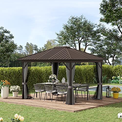 Outsunny 10' x 12' Hardtop Gazebo Canopy with Galvanized Steel Roof, Aluminum Frame, Permanent Pavilion with Top Hook, Netting and Curtains for Patio, Garden, Backyard, Deck, Lawn, Gray