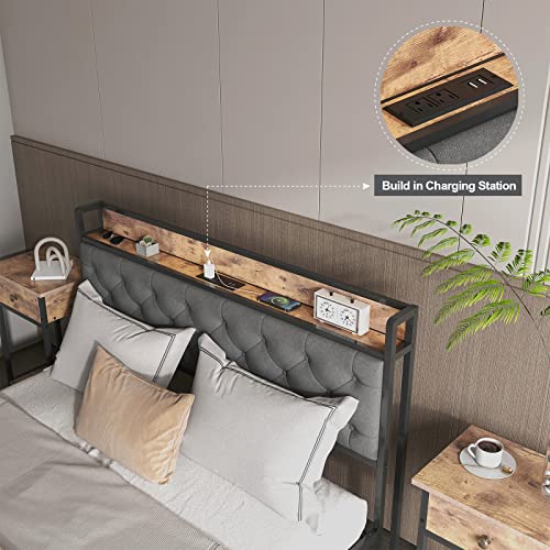 Saudism Queen Bed Frame with Drawers and Charging Station, Queen Size Platform Bed Frame with Soft Storage Headboard, Sturdy and Durable, No Box Spring Needed, Rustic Wood+Steel, Grey