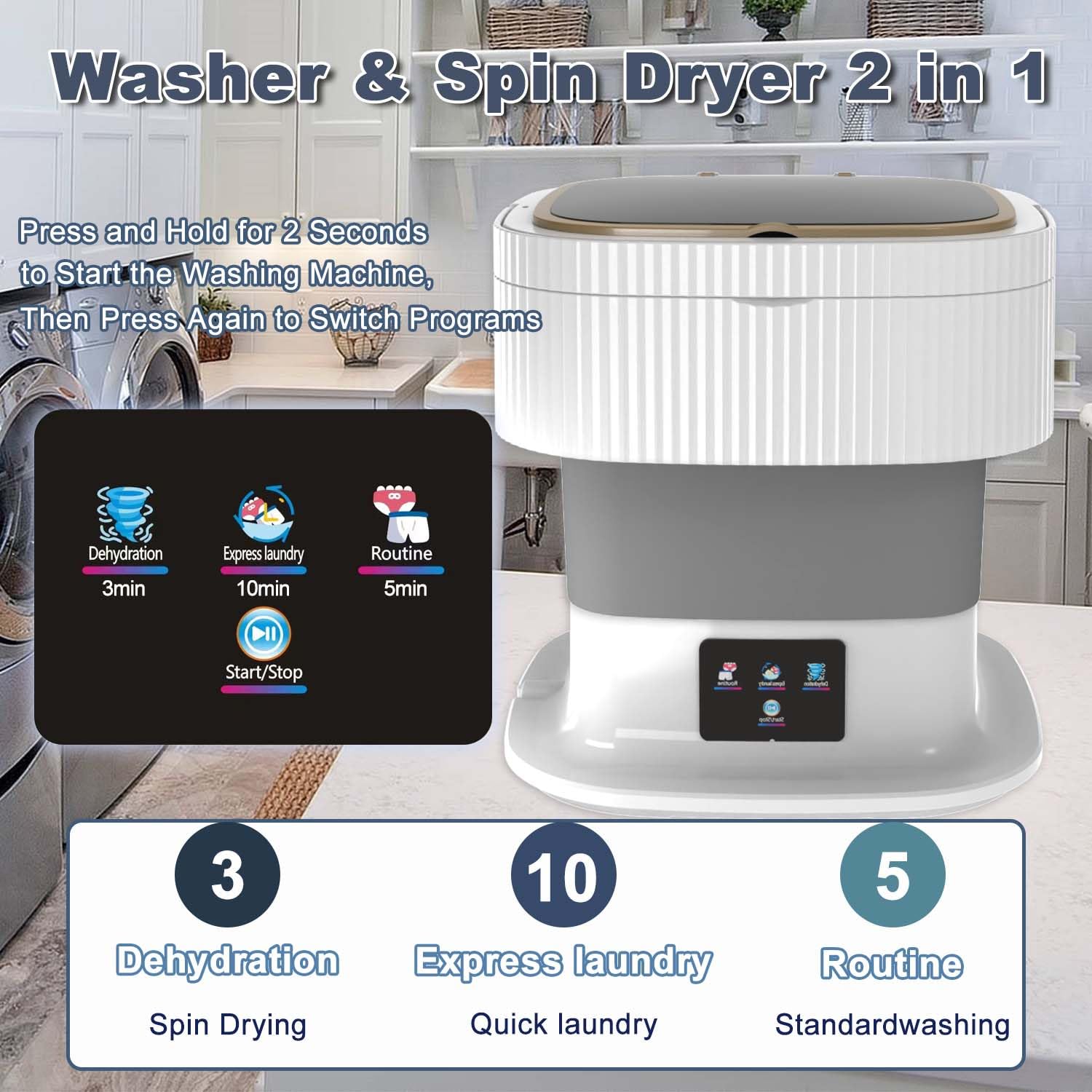 Portable Washing Machine, Mini Washer, 11L Upgrade Model Foldable Small Washing Machine, Collapsible Compact Laundry Washer and dryer 2 in 1, Apartment, Dorm, Rv, Socks, Underwear, Baby Clothes, Grey