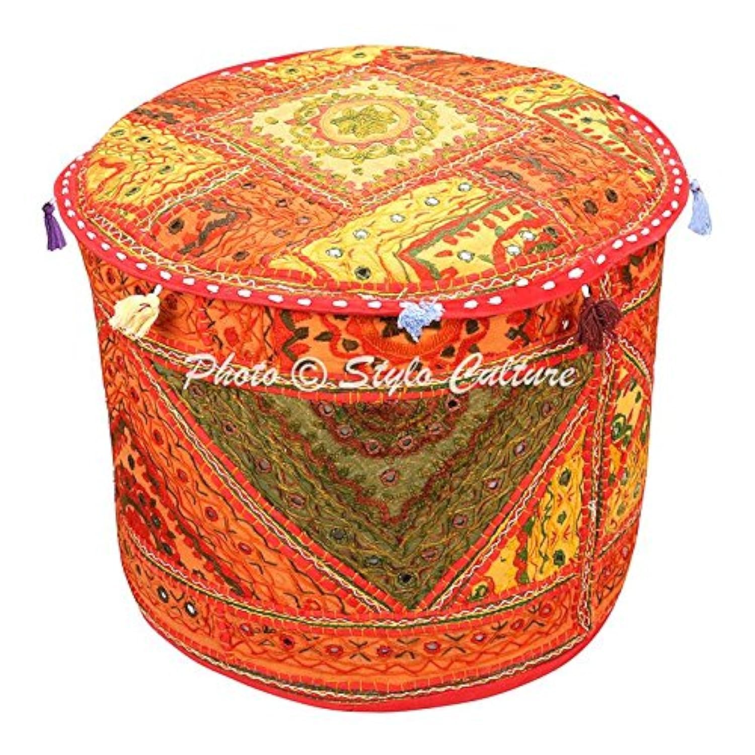 Stylo Culture Ethnic Pouf Cover Round Indian Embroidered Mirror Patchwork Pouffe Ottoman Multicolored Cotton Abstract Traditional Furniture Footstool Seat Puff (22x22x14) Bean Bag Living Room Decor
