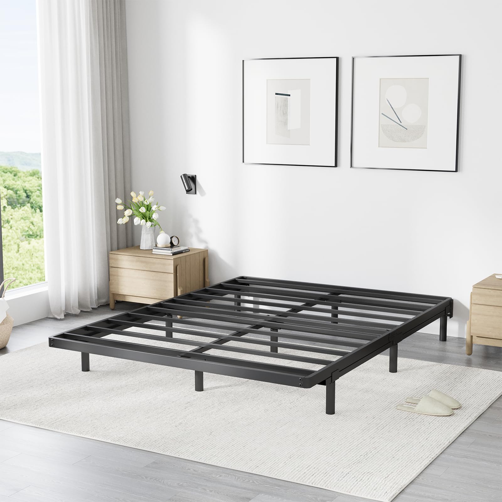 Woozuro 2 Inch Queen Bunkie-Board Only, Low Metal Box-Spring Frame with Steel Slats, Quick Lock Bed-Slat Replacement, Noise Free Mattress Surpoort Base, Upholstered Bed Frame Accessories, Black