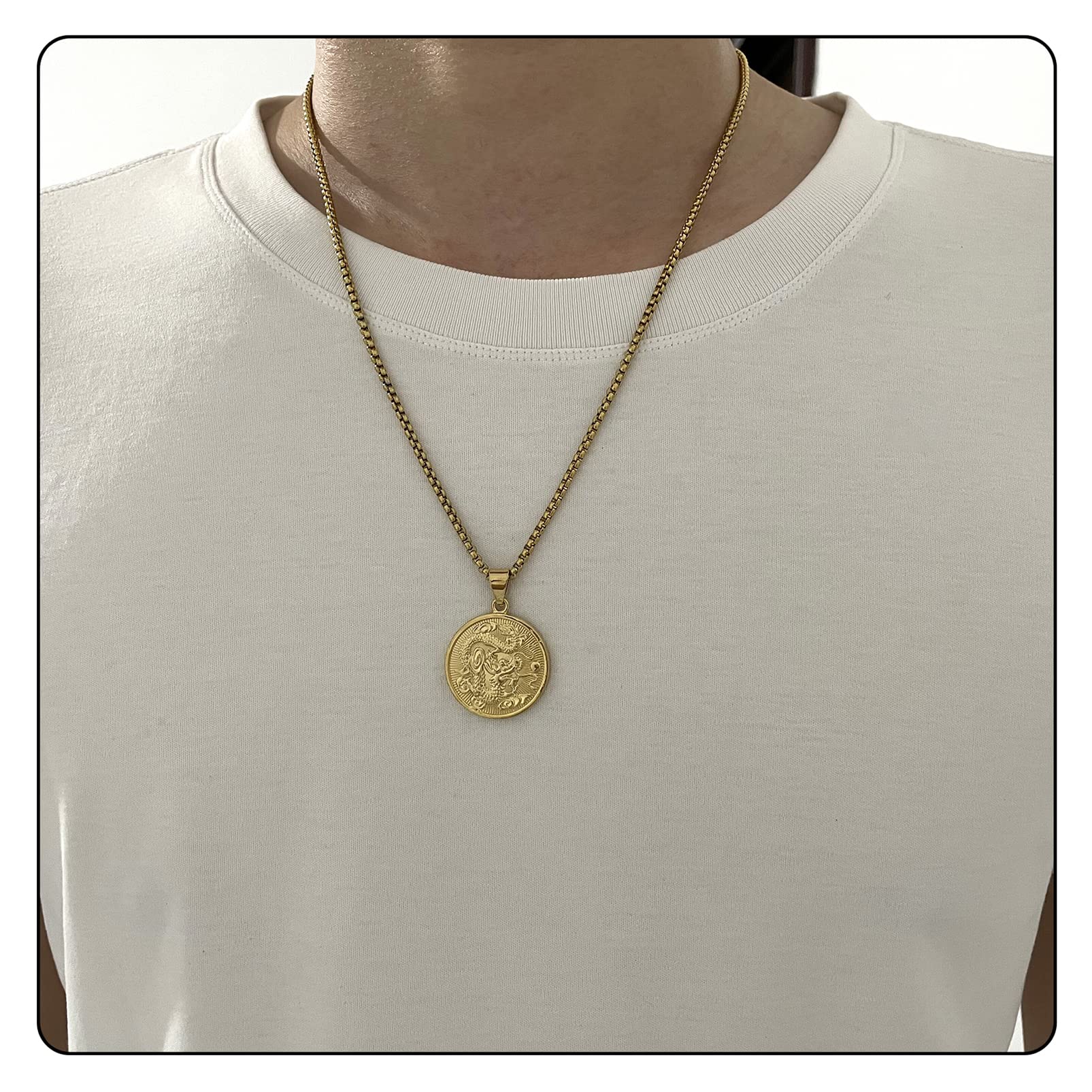 Fusamk Hip Hop 18K Alloy Dragon Round Tag Pendant Coin Necklace(Gold)