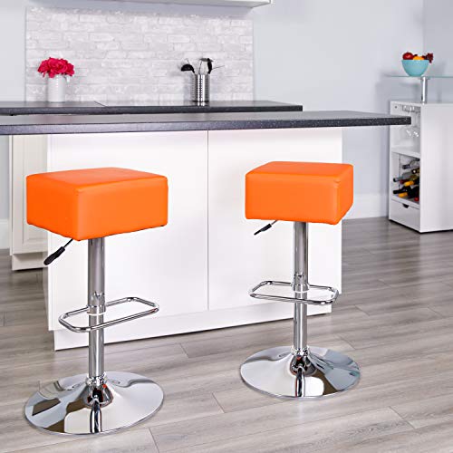 Flash Furniture Contemporary Orange Vinyl Adjustable Height Barstool with Square Seat and Chrome Base