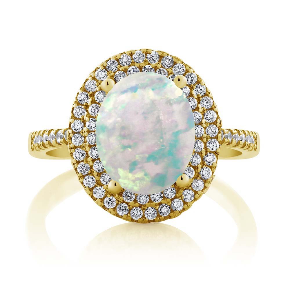 Gem Stone King 18K Yellow Gold Plated Silver Oval Cabochon White Simulated Opal Ring For Women (2.80 Cttw, Available In Size 5,6,7,8,9)