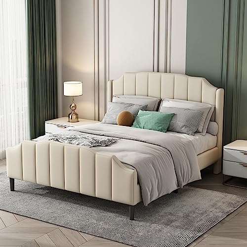 Queen Size Upholstered Bed with Headboard and Footboard, Wood Queen Platform Bed Frame for Bedroom, Velvet Fabric, No Box Spring Needed (Queen, Beige)