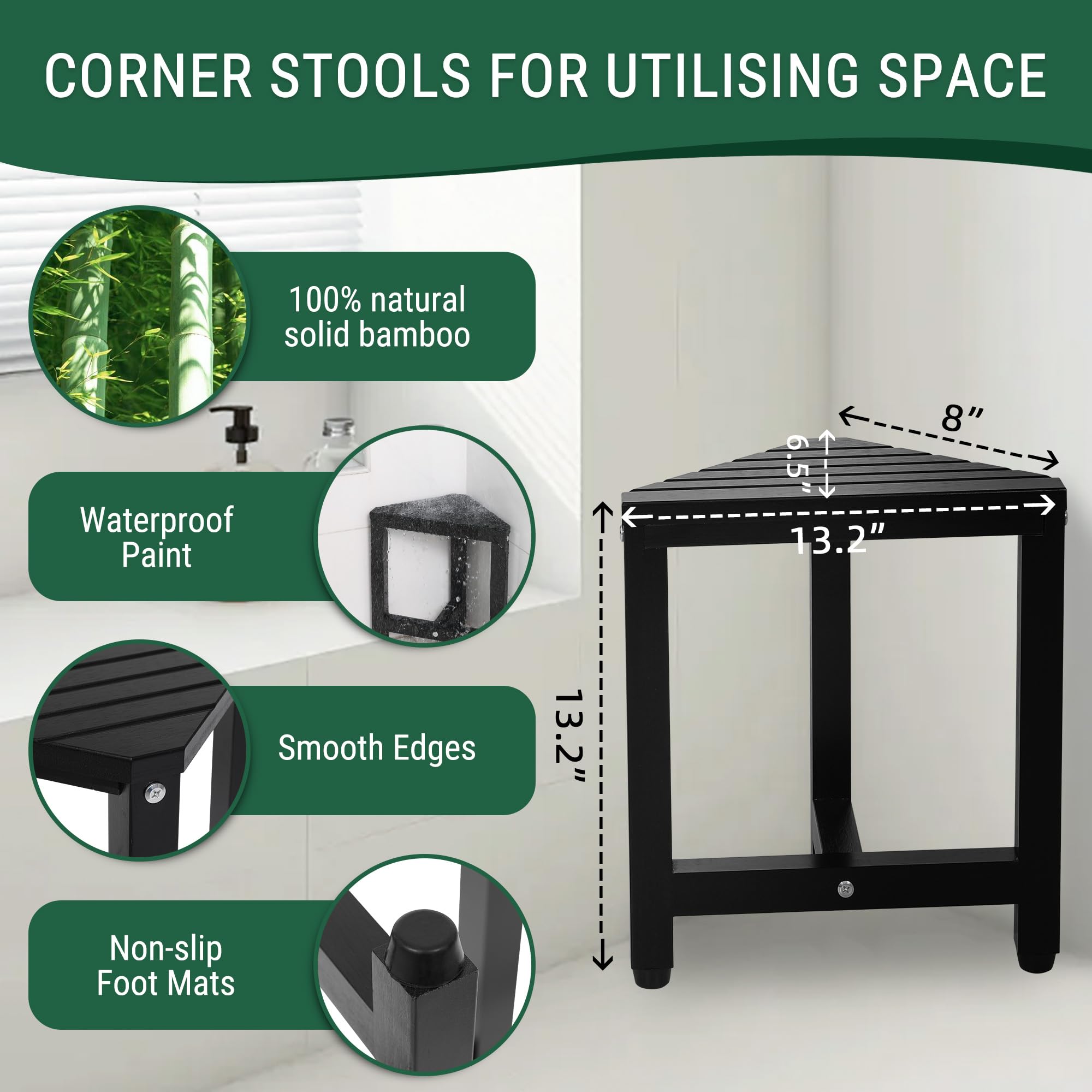 TYYIHUA 13.2" Shower Stool for Shaving Legs, Shower Foot Rest, Shower Stool for Inside Shower Waterproof, Small Corner Stool for Small Space, Small Shower Bench for Bathroom, Black