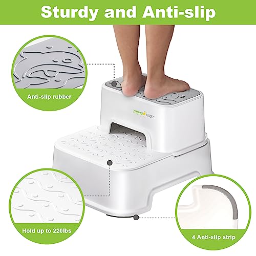 Two Step Stool for Kids, Double up Baby Child Toddler Stepping Stool for Potty Training,Bathroom Sink,Kitchen,Toilet Stool with Anti-Slip Strips for Safety, Stackable, Wide Step (2 Packs White)