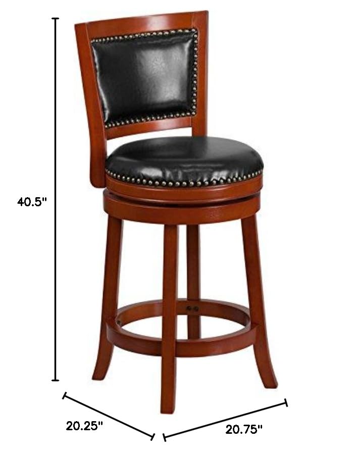Flash Furniture Ebert 26'' High Light Cherry Wood Counter Height Stool with Open Panel Back and Black LeatherSoft Swivel Seat