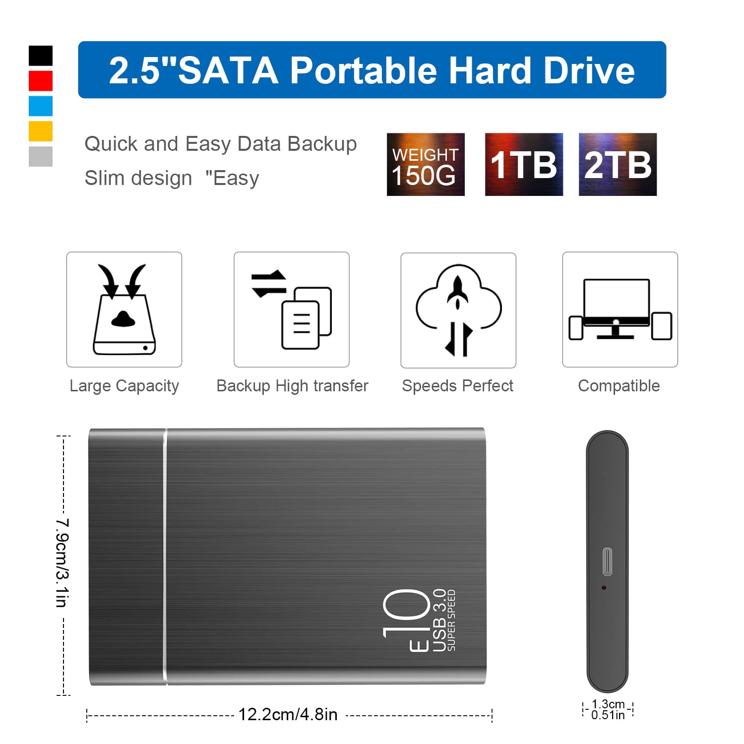 PDTXCLS Aeiniwer OTCPP 1TB External Hard Drive HDD USB3.0 External Hard Drive for PC, Mac, Desktop, Laptop, MacBook, Chromebook, Xbox One, Xbox 360 (1TB, Blue)