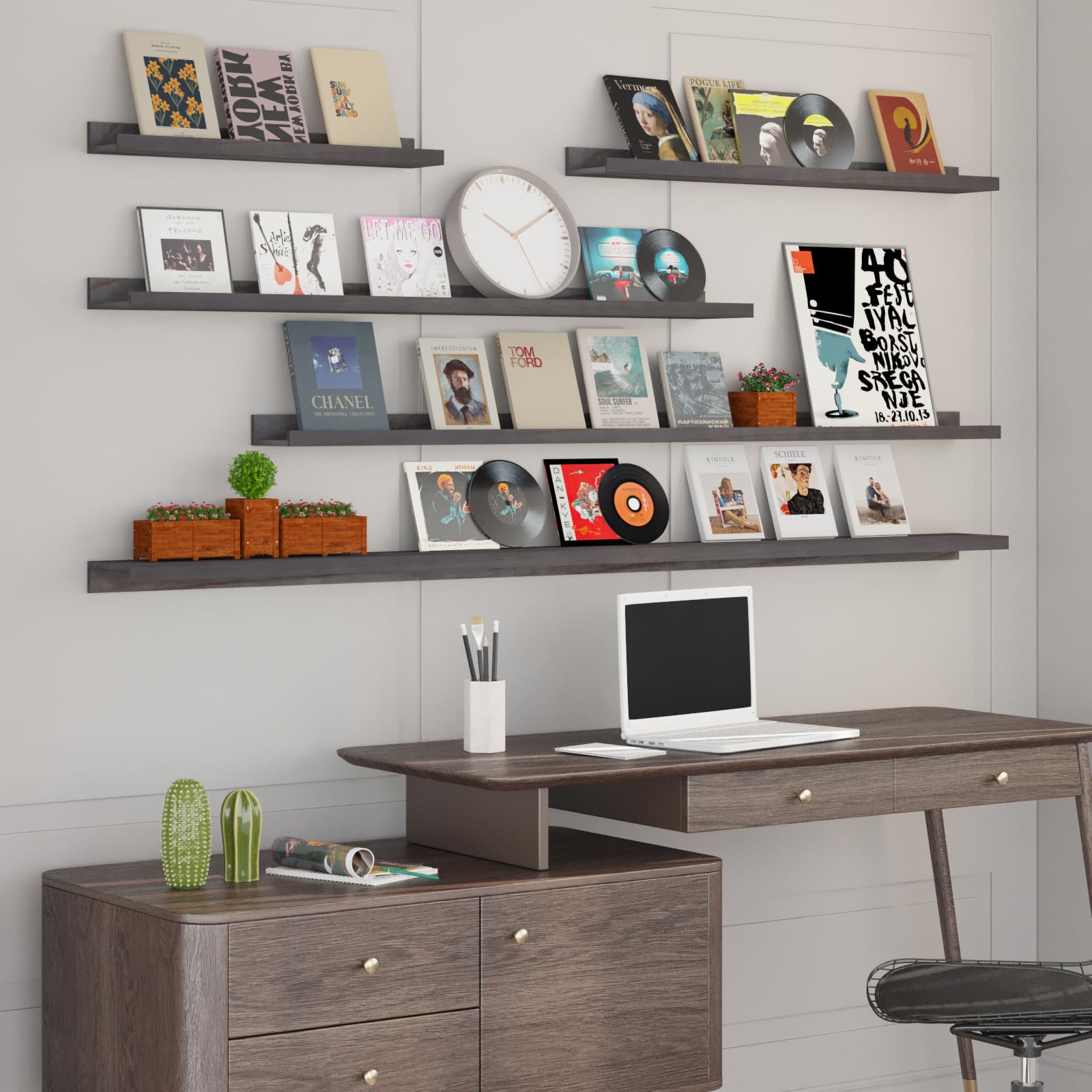 SAUMONIERES Picture Ledge Shelf Floating Book Shelves 36 Inch Set of 3 Wall Mounted Solid Wood for Bedroom Living Room Kitchen Rustic Grey