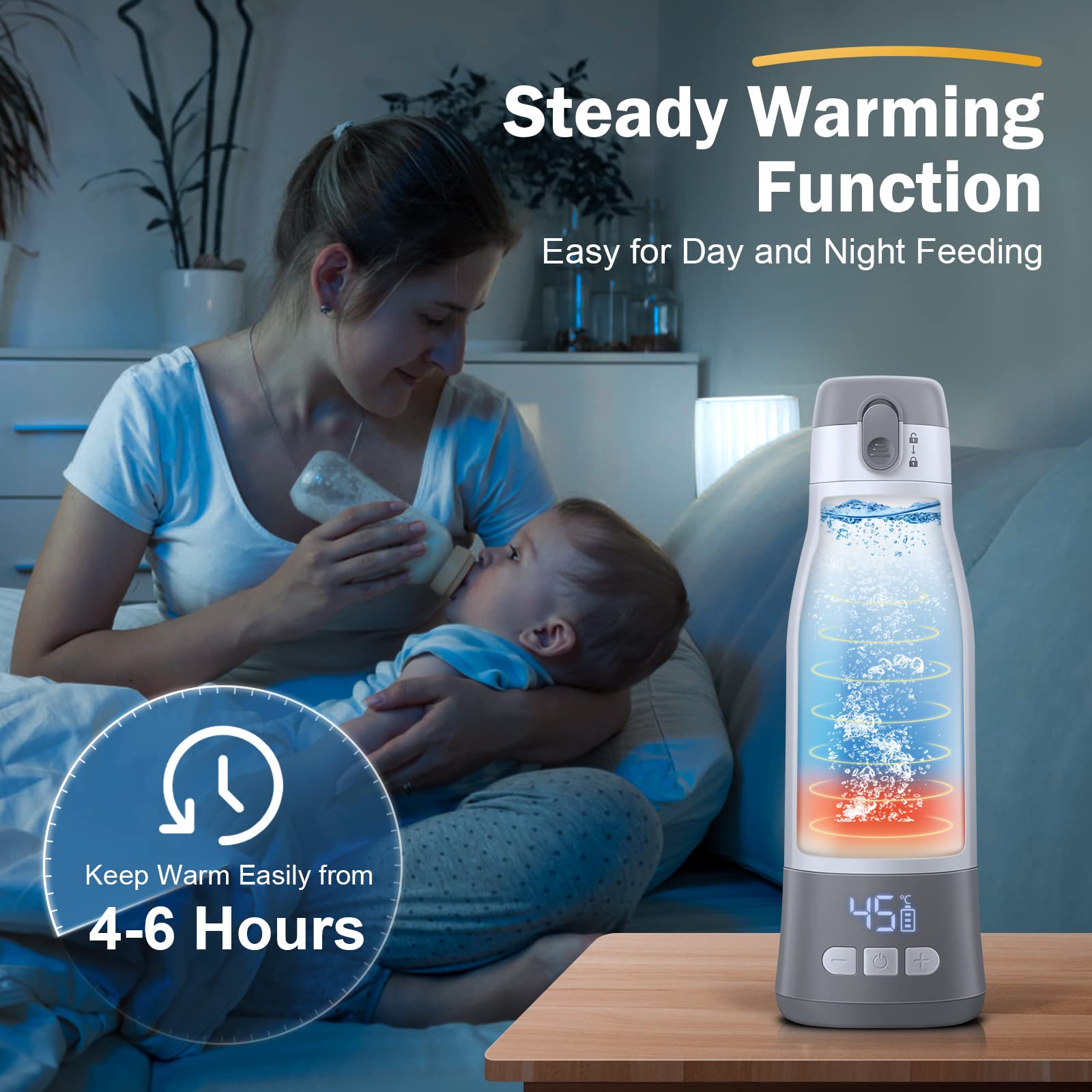 Portable Water Warmer, ALVOD Bottle Warmer for Baby Formula, Milk, Breastmilk, 10.8 Ounce Travel Water Warmer Rechargeable with Precise Temp Control LCD Display, Keep Warm & Leak-Resistant for Outdoor