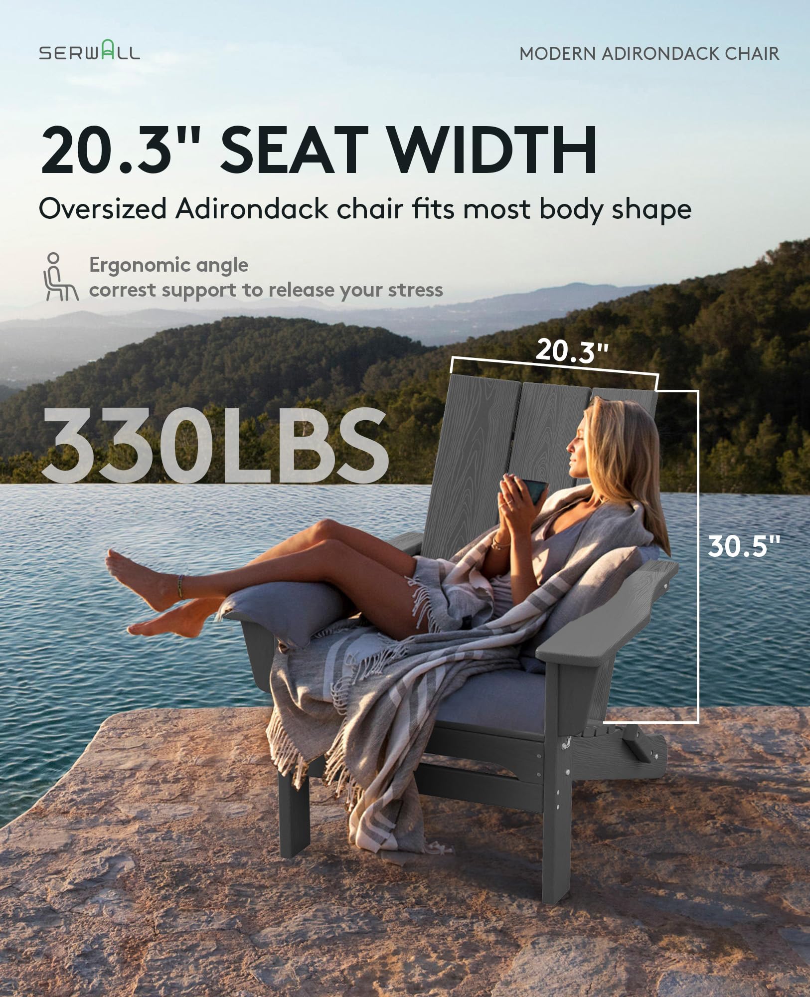 SERWALL Modern Folding Adirondack Chair,Oversized Folding Adirondack Chair with Curved Backrest, HDPE Outdoor Adirondack Chair, Gray