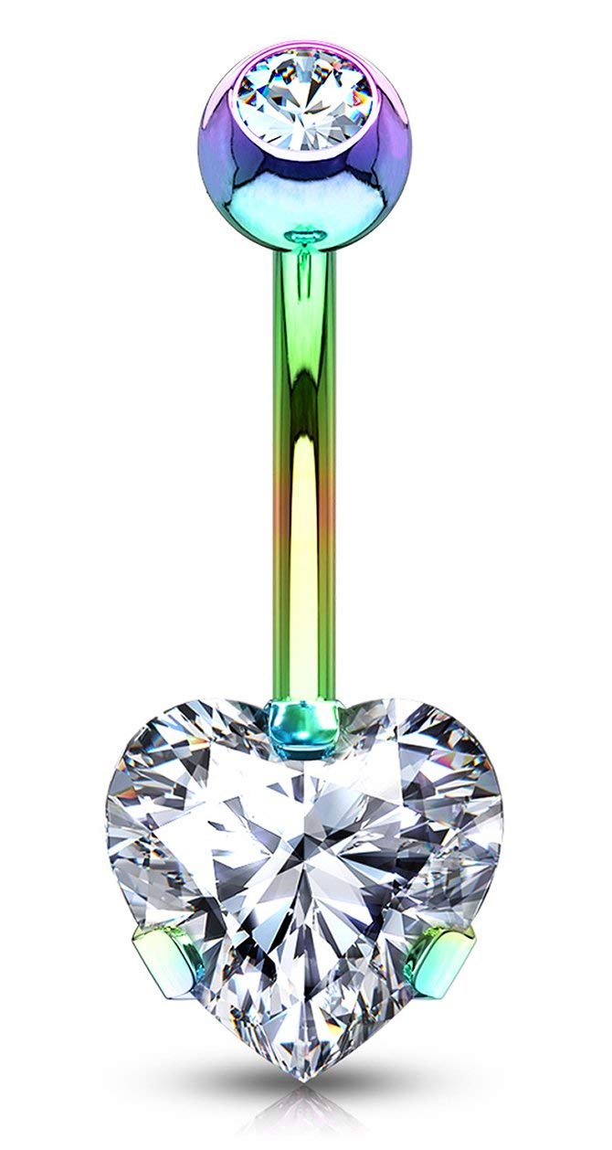 Forbidden Body Jewelry 14g Tri-Prong Heart Shaped CZ Solitaire Belly Button Ring, Rainbow/Clear