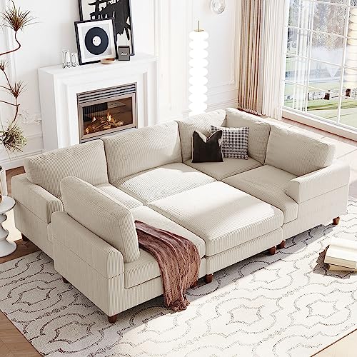 U-Shaped Oversized Corduroy Modular Sectional Sofa Couch with Movable Ottoman ,L/U 6 Seaters Free Combined Corner Sofa&Couch Convertible Spacious Sleeper Sofabed for Home Apartment Office Living Room