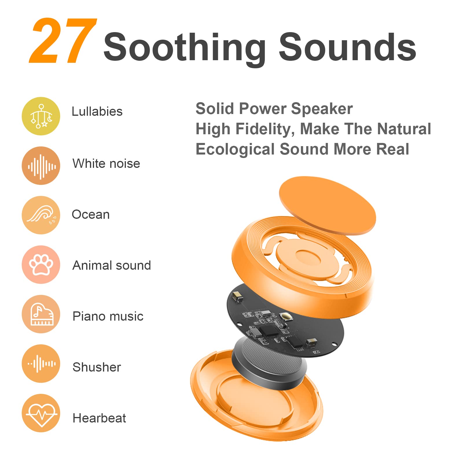 Portable White Noise Sound Machine for Baby，27 Soothing Sounds and 3 Volume Levels，7 NightLights，3 Timers and Memory Function，4 Entertainment Modes，Shushes Baby Kids to Sleep Quickest Way（Orange)