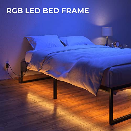 Rolanstar Bed Frame with USB Charging Station, Full Bed Frame with LED Lights, Platform Bed Frame with Heavy Duty Steel Slats, 14" Storage Space Beneath Bed
