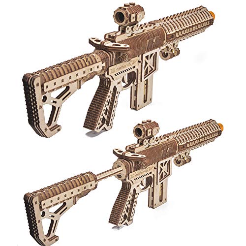 Wood Trick Assault Gun AR-T Model Kit for Adults and Teens to Build - with Telescoping Butt, Fuse, Sight and Clip for 12 Rounds - Detailed Construction - 23x8″ - 3D Wooden Puzzle - 14+