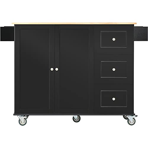 Rolling Kitchen Island with Drop Leaf Portable Kitchen Table Seating Cart 3 Drawers Lockable Wheels 1 Double Door Cabinet Slim Mobile Rubber Wood Counter Top Moveable Stand Alone 53" Movable Black