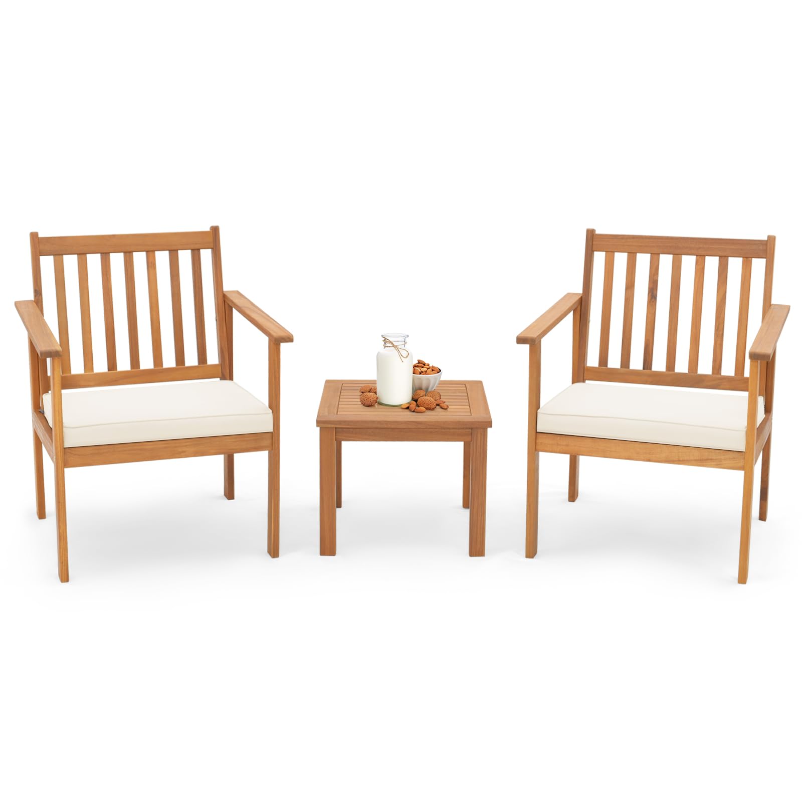 Tangkula 3 Pieces Patio Wood Furniture Set, Acacia Wood Chairs and Coffee Table Set with Soft Cushions, Slatted Design, Outdoor Furniture Set for Porch, Yard, Balcony (White)