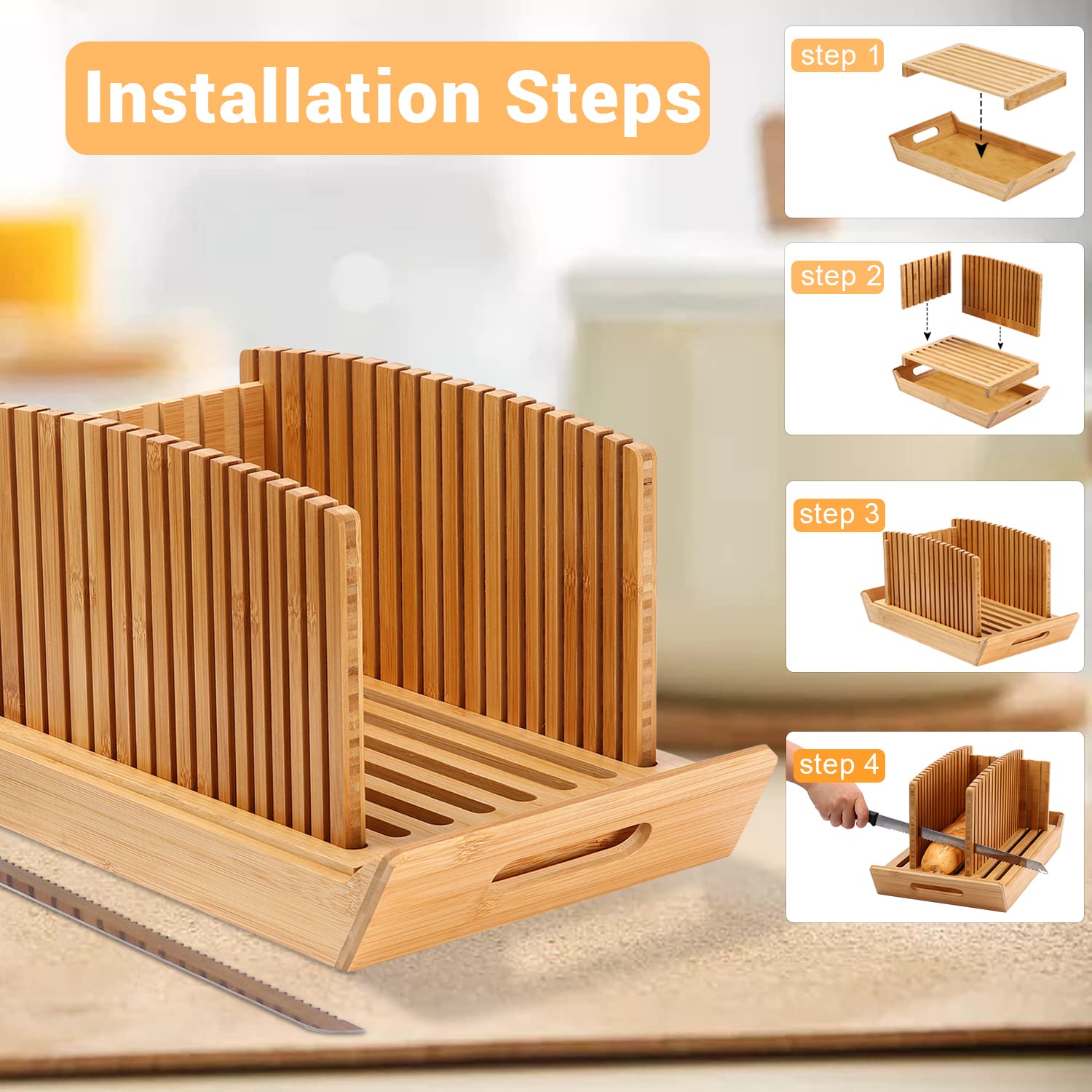 Kiss Core Premium Bamboo Bread Slicer for Homemade Bread, Crumb Catcher, Foldable and Compact Loaf Cutter 3 Size Slicing Guide