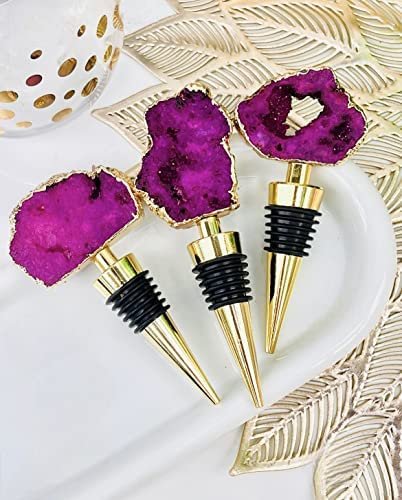 LUXE CRYSTAL CO. Handcrafted Purple Magenta Pink Agate Druzy Gold Natural Crystal Wine Champagne Stopper Handmade Bottle Barware Housewarming Bridal Shower (Pink)
