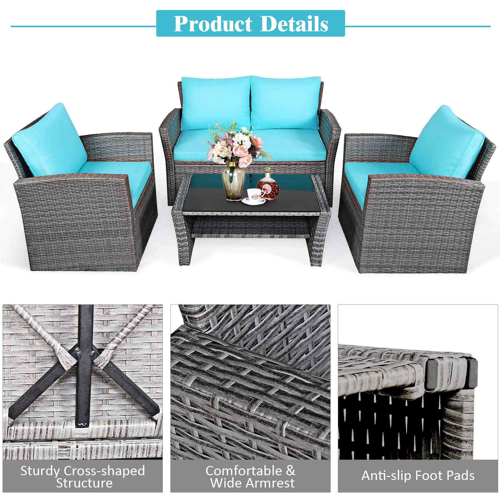 Tangkula 4 Pieces Patio Furniture Set, All Weather Outdoor Sectional Rattan Sofa Set with Cushions & Tempered Glass Table, Wicker Conversation Couch Set for Backyard Garden Poolside (Turquoise)