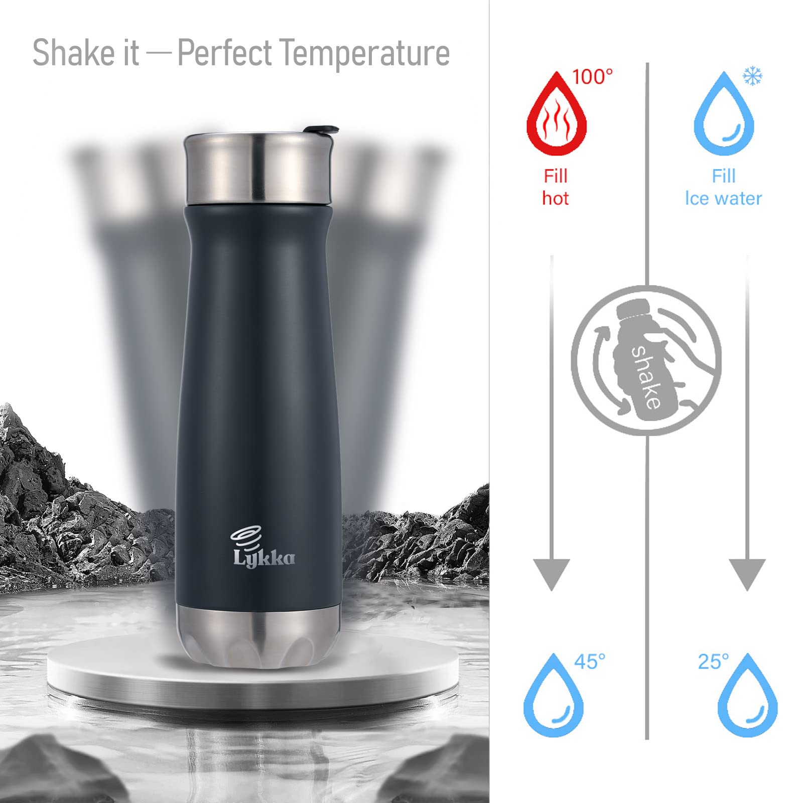 Lykka 21oz Smart Thermos: Shake-to-Heat & Cool, Hand Warmer, Spill-Proof Lid, Stainless Steel Insulated Tumbler
