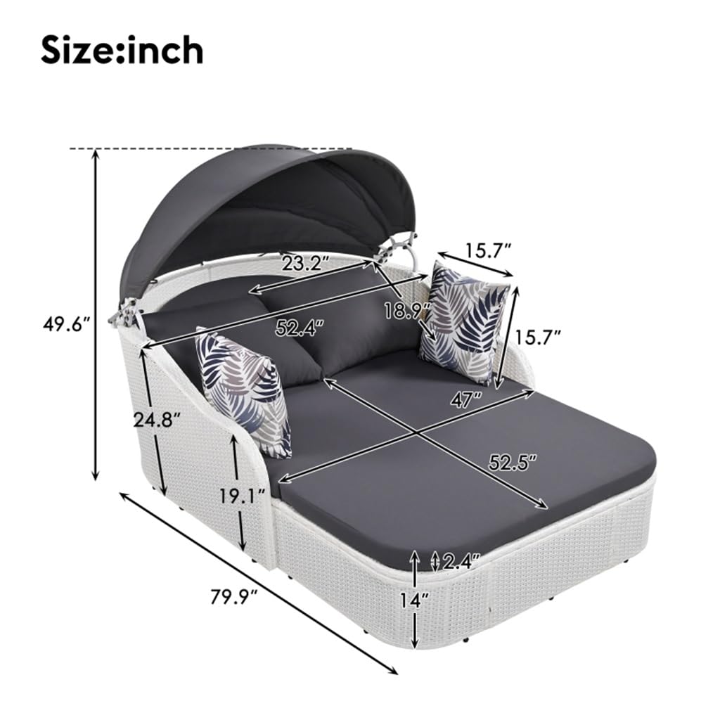 FZZDP 79.9" Outdoor Sunbed with Adjustable Canopy, Double Lounge, PE Rattan Daybed, White Wicker