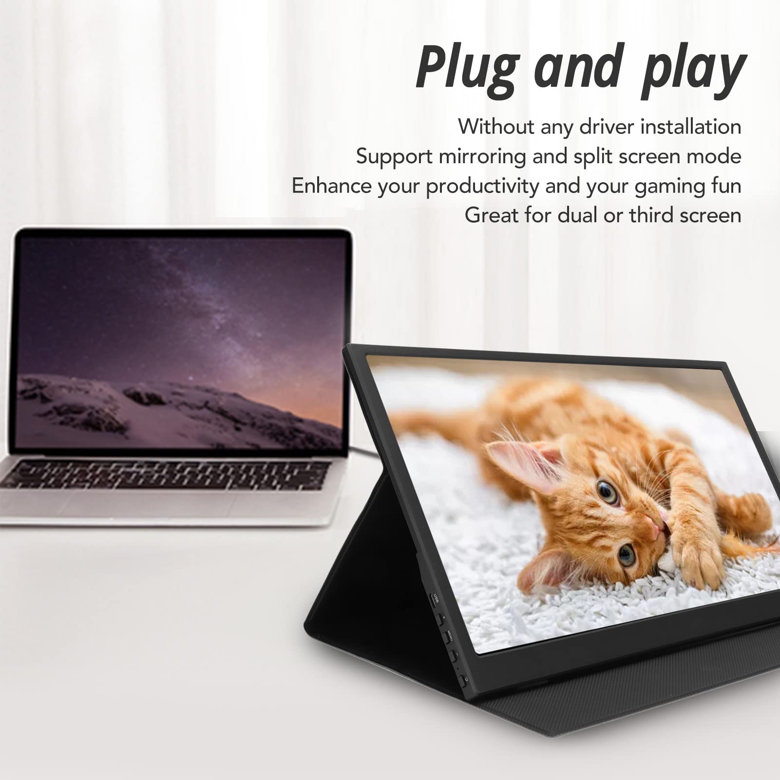 Portable Monitor, 1920X1080 Resolution HDR 15.6 Inches, Dual Stereo Speakers, PU Leather Case, Full View for More Clarity Suitable for PC, Cell Phone, PS3