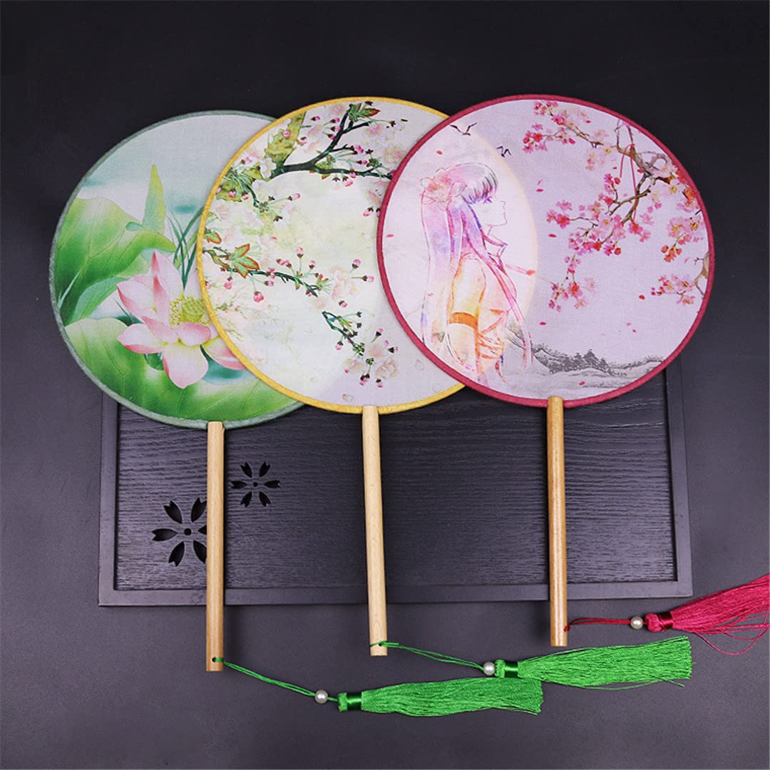Lmtossey 1Pc Chinese Style Vintage Lady Flower Round Hand Fan Wedding Dance Handle Silk Cloth Fan