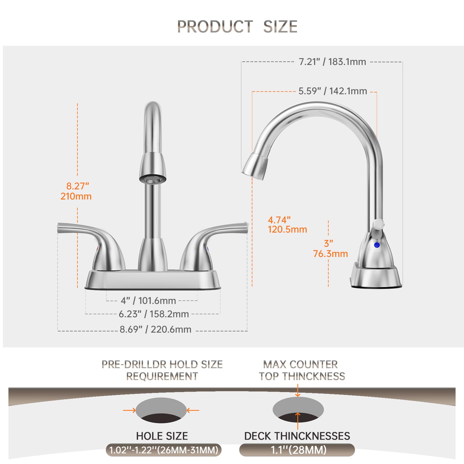 Phiestina Pull Down Sprayer Chrome 4 Inch Bathroom Faucet,3 Hole Centerset Pull Out Bathroom Sink Faucet,with 360 Swivel Spout,Metal Pop-Up Drain and Water Supply Lines,BF04007-B11-C