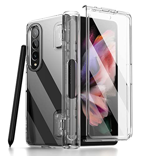 SURITCH for Samsung Galaxy Z Fold 3 Clear Case, [Hinge Protection with Pen Holder] Full Body Protection Bumper Shockproof Rugged Phone Cover with Built-in Screen Protector -(with Pen Holder)
