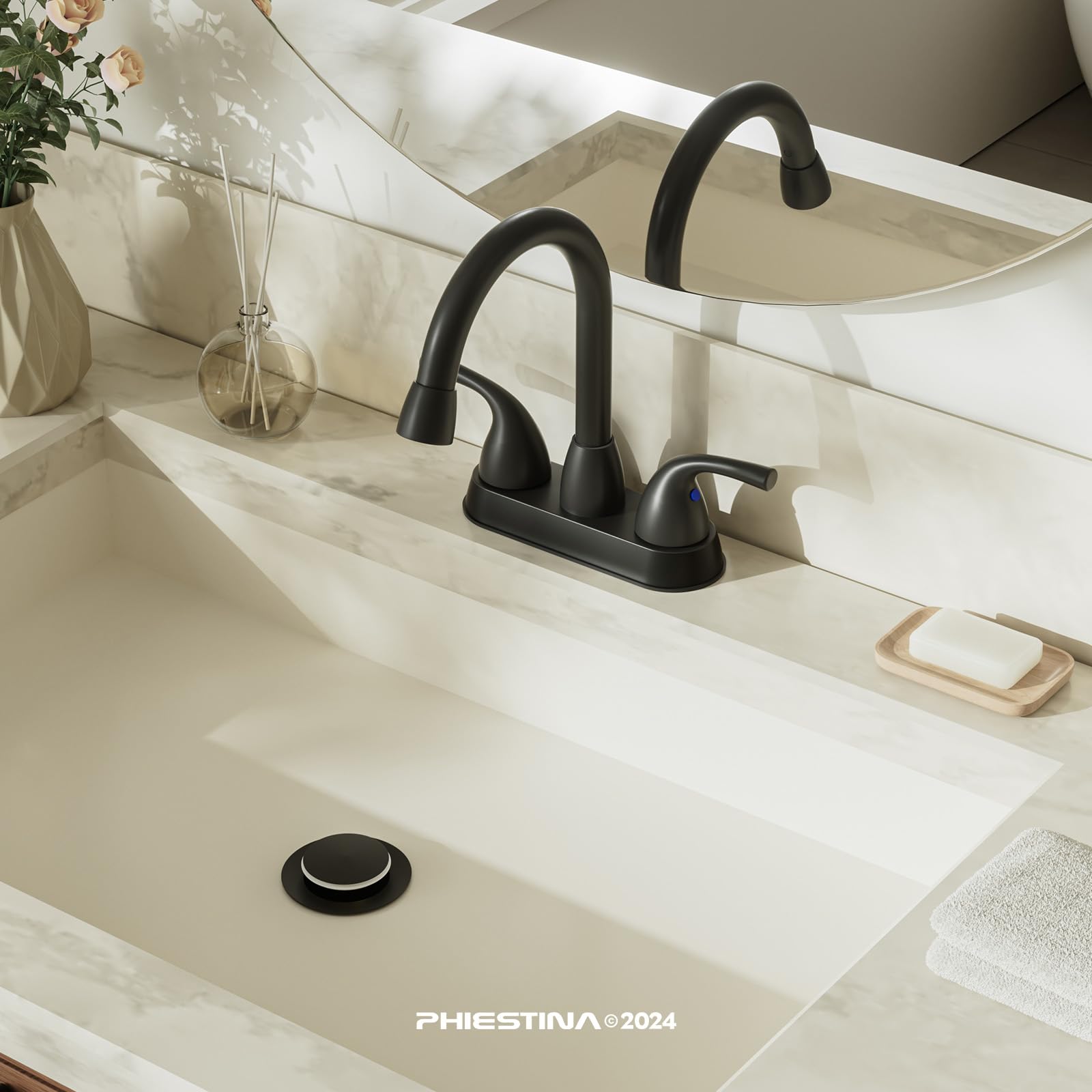 Phiestina Pull Down Sprayer Matte Black Bathroom Faucet,4 Inch Centerset 2 Handle Pull Out Bathroom Sink Faucet with 360 Swivel Spout,Metal Pop-Up Drain and Water Supply Lines,BF04007-B11-MB