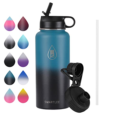 Smartlee Insulated Water Bottle with Straw & Spout Lid - 32oz Leak-Proof Vacuum Insulated Water Bottle with Strainer Thermos Sports Water Bottle (Green-Black Gradient)