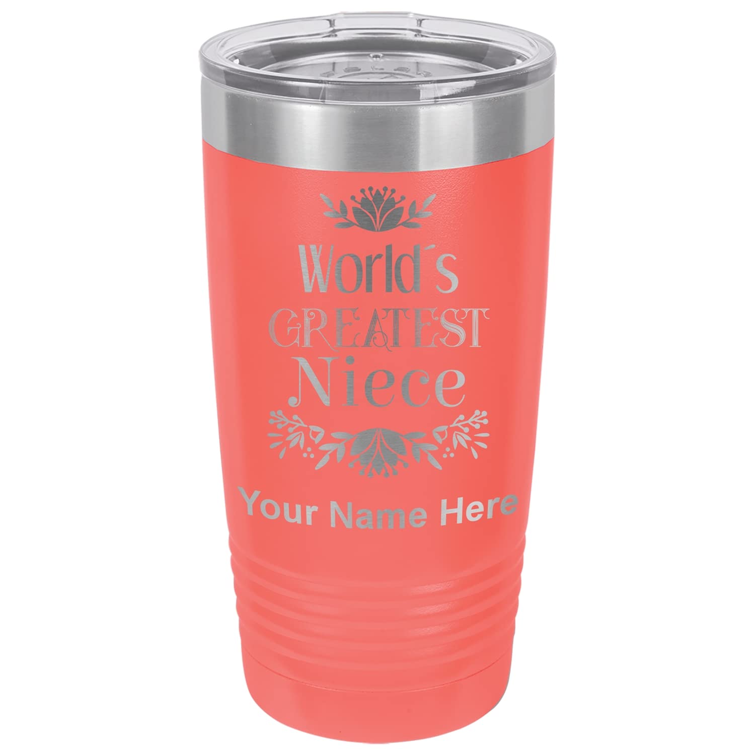 LaserGram 20oz Vacuum Insulated Tumbler Mug, World's Greatest Niece, Personalized Engraving Included (Coral)