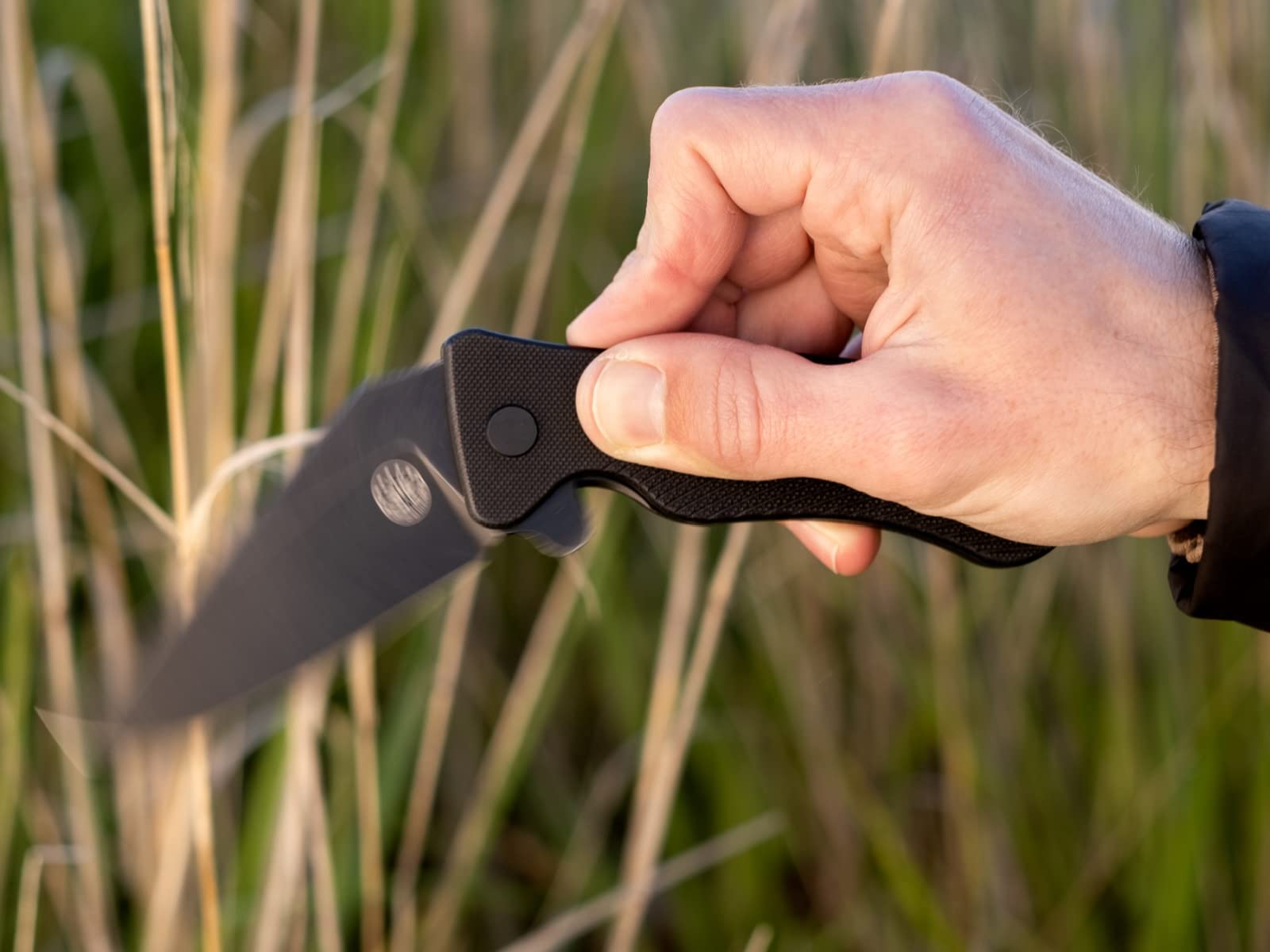 Off-Grid Knives - Rhino V2 with 154CM Steel, Textured G10, Tumbled Black Finish, Large Folding EDC Knife, Ceramic Ball Bearings, HRC 61, Deep Pocket Carry (Blackout)