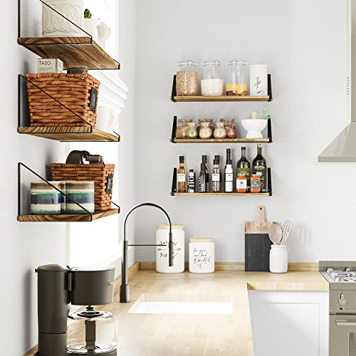 Wallniture Ponza Floating Shelves for Wall, 24"x8" Bookshelf for Large Books, Storage Shelves for Kitchen, Office, Hallway Living Room Decor, Set of 6, Burnt